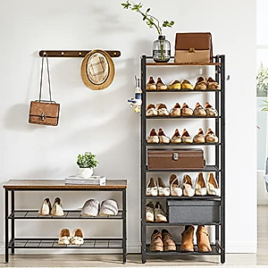 IBUYKE 8 Tier Shoe Rack, Hold 14-21 Pairs of Shoes, Narrow Shoe Shelf Organizer with 4 Hooks, Space Saver, Shoe Organizer for Entryway, Hallway, Bedroom, Living Room, Rustics Brown, TXJ081H