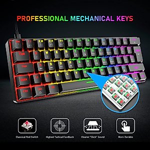 60% True Mechanical Gaming Keyboard Ultra-compact with 20 Rainbow Backlit Type C Wired Programmable 62 Keys Linear Red Switch Waterproof Non-Conflict and Gaming Mouse Pad  for PC/Laptop/PS5（Black)
