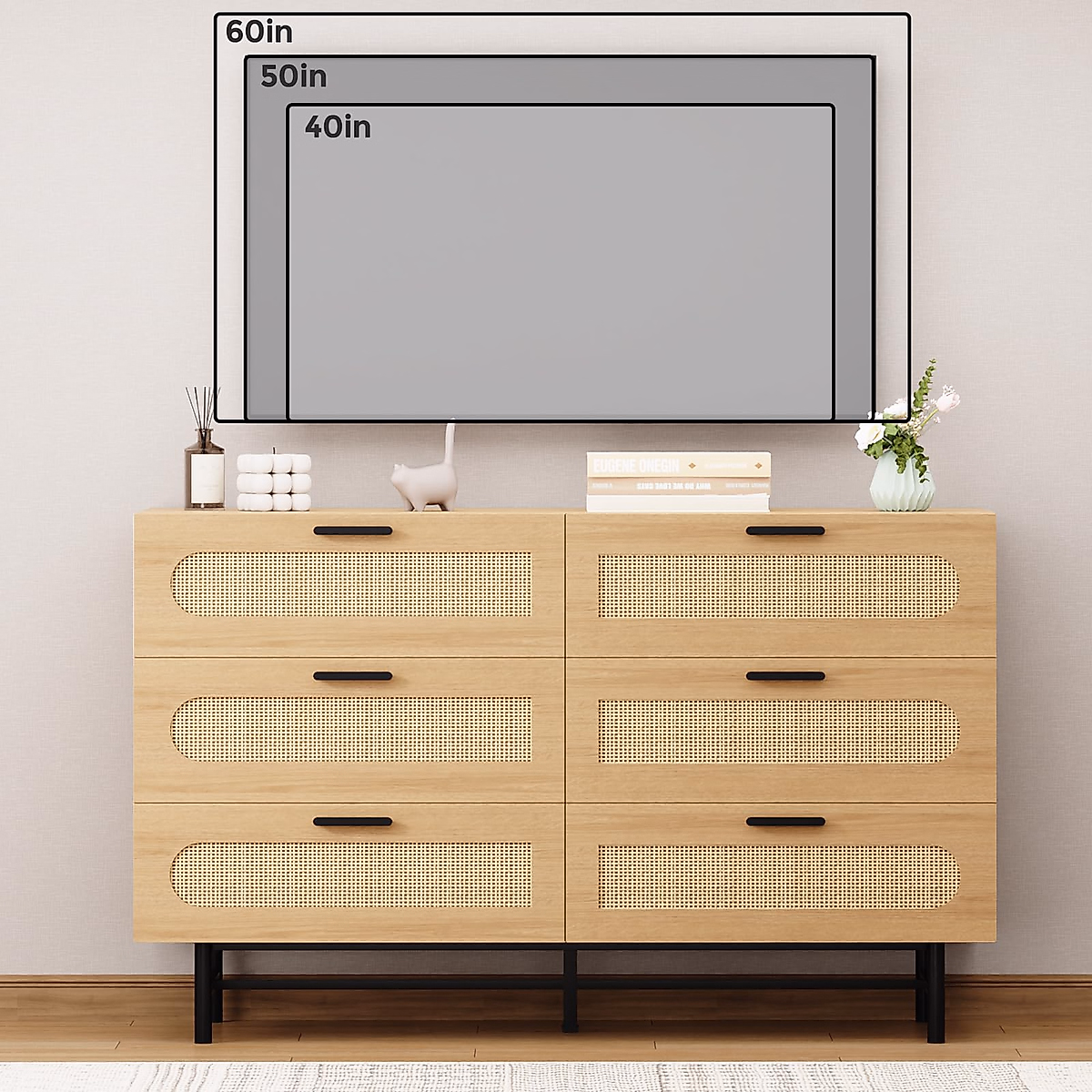 MAISONPEX 6 Drawer Dresser for Bedroom Wooden, Natural Rattan Double Dresser Chest of Drawers, Wide Wood Dressers for Nursery, Bedroom, Hallway, Living Room