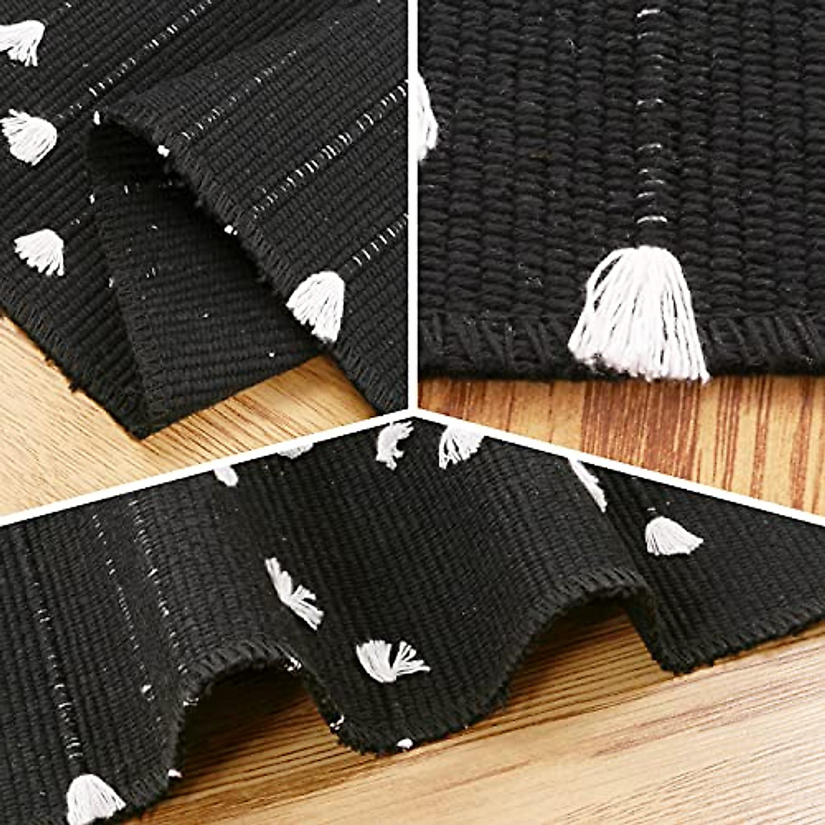 HAOCOO Boho Bathroom Runner Rug 2’ X 4.3’, Black Geometric Washable Woven Cotton Diamond Area Rug, Chic Moroccan Tribal Tassel Kitchen Rug,Throw Floor Mat Carpet Decorative for Living Room Bedroom