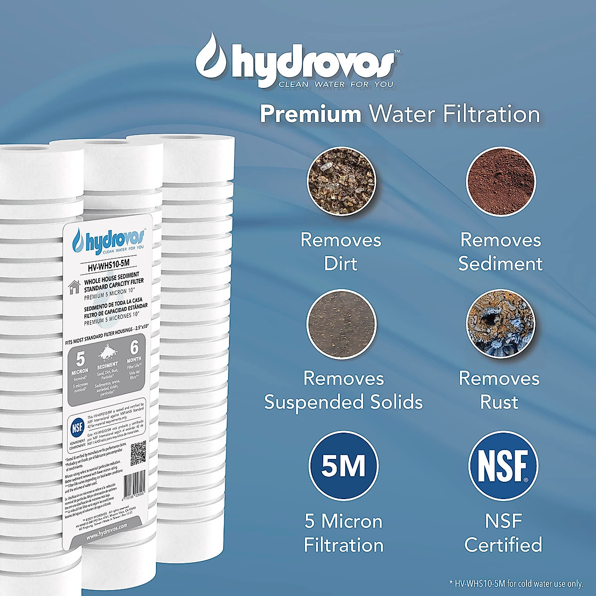 Hydrovos 2.5" x 10" 5 Micron Whole House Water Filter, NSF Certified 10 Inch Sediment Filter with 6-Month Filter Life, 4 Pack