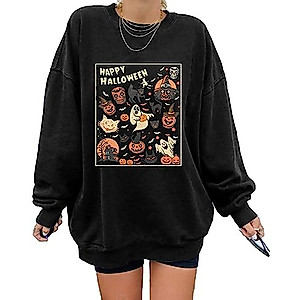 UNIQUEONE Womens' Oversized Halloween Sweatshirt Vintage Halloween Doodles Sweatshirts Hocus Pocus Long Sleeve Crewneck Tops Black