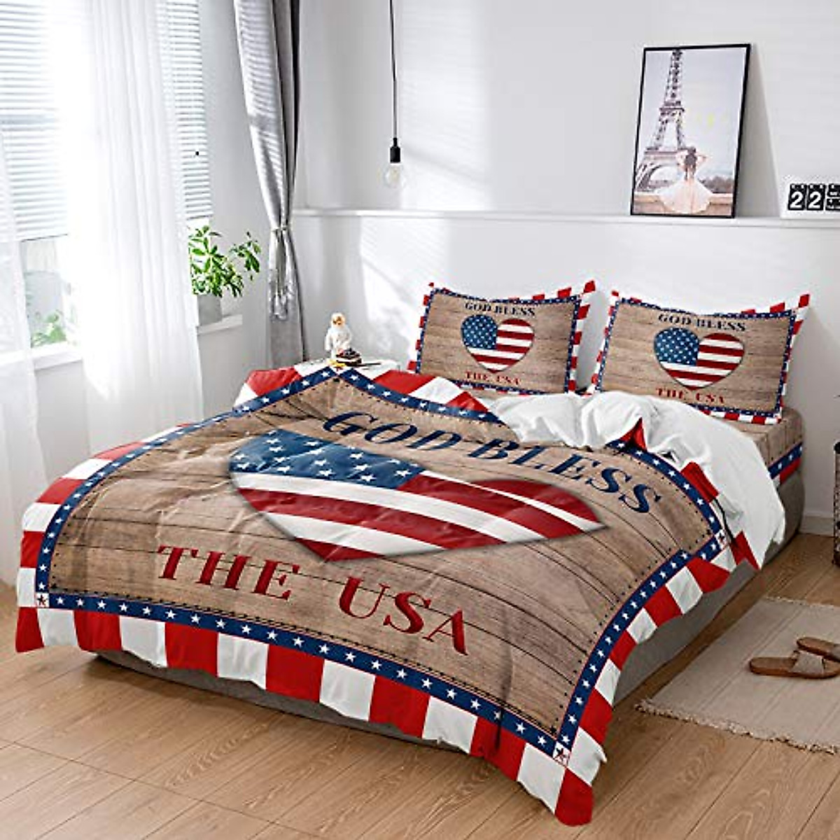 Chucoco Independence Day Twin Duvet Covers Set American Flag Love Wood Plank 4 Pcs Bedding Sets Brushed Microfiber Quilt Covers Lightweight Cozy Flat Sheet with 2 Pillowcases Red White Plaid