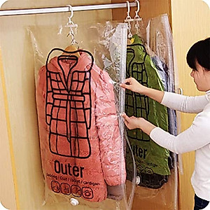 Hanging Vacuum Compression Bags, 2 Pack Hanging Vacuum Clothes Storage Space Saver Clear Bags with Hook for Suits Coats Jackets