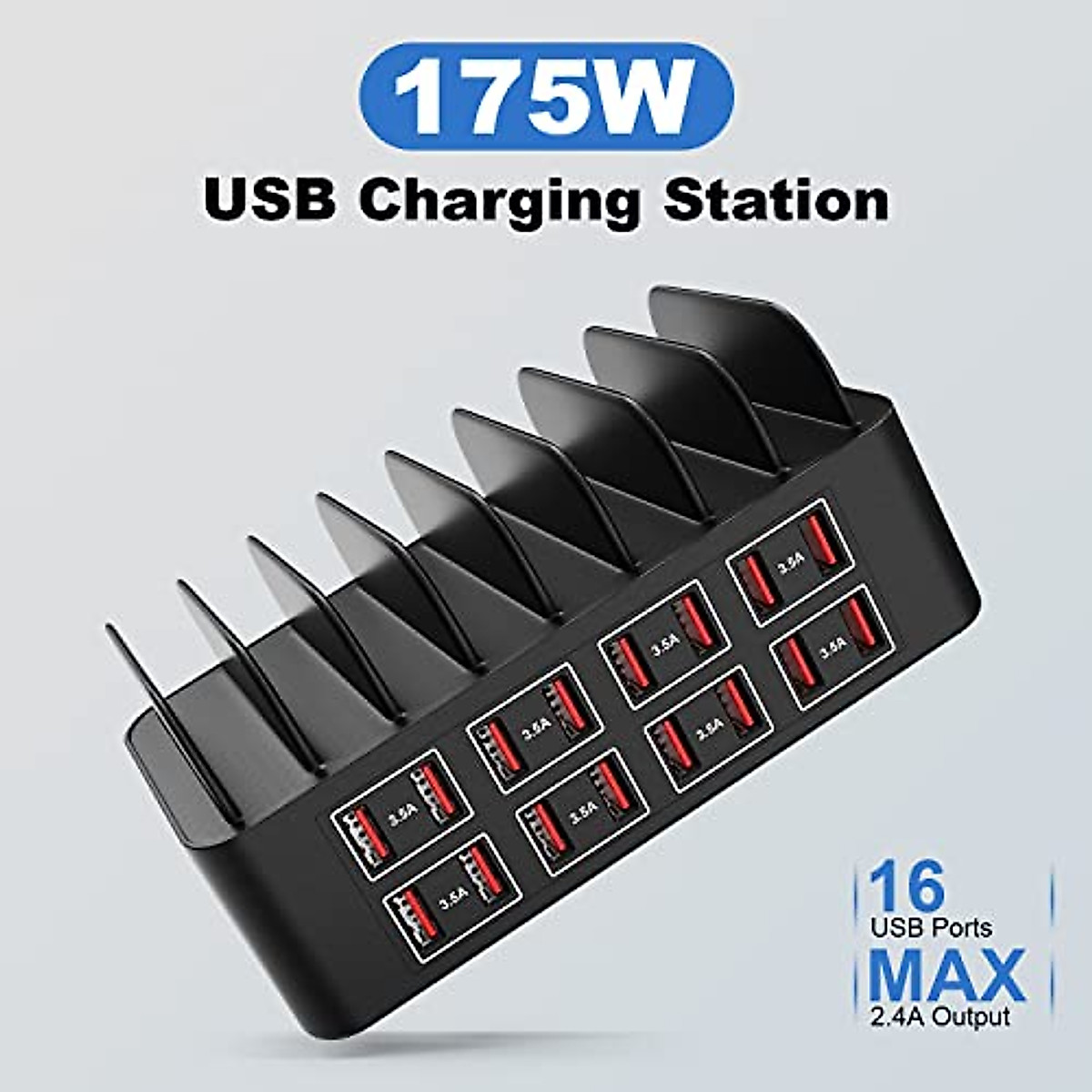 Charging Station for Multiple Devices,Cinlinso 175W/35A 16 Port USB Fast Charging Station,Multi Device Charger Organizer Compatible with iPad,Tablet,Kindle Cell Phone and Other Electronic
