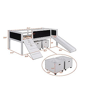 Harper & Bright Designs Kids Loft Bed with Slide and Double-Sided Chalkboard, Wooden Low Loft Bed Frame with 2 Storage Boxes, Twin Loft Bed for Boys & Girls (New, White)