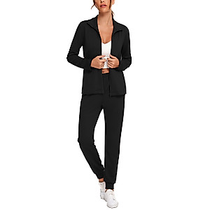 HALCYEEN Womens 2 Piece Tracksuits Set Casual Travel Comfy Zipper with Pockets Sweatshirt and Jogger Pants Black L