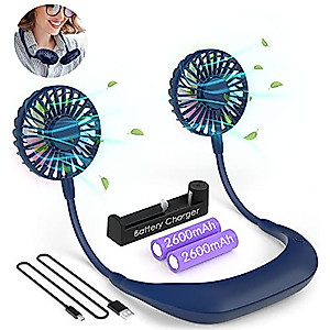 Portable Neck Fan, 24 Working Hours Rechargeable Battery Operated Fan with a Charger for 2x2600 mAh Battery, Personal Fan Hands Free Wearable Hanging Around Neck Fans for Travel Gardening Cooking