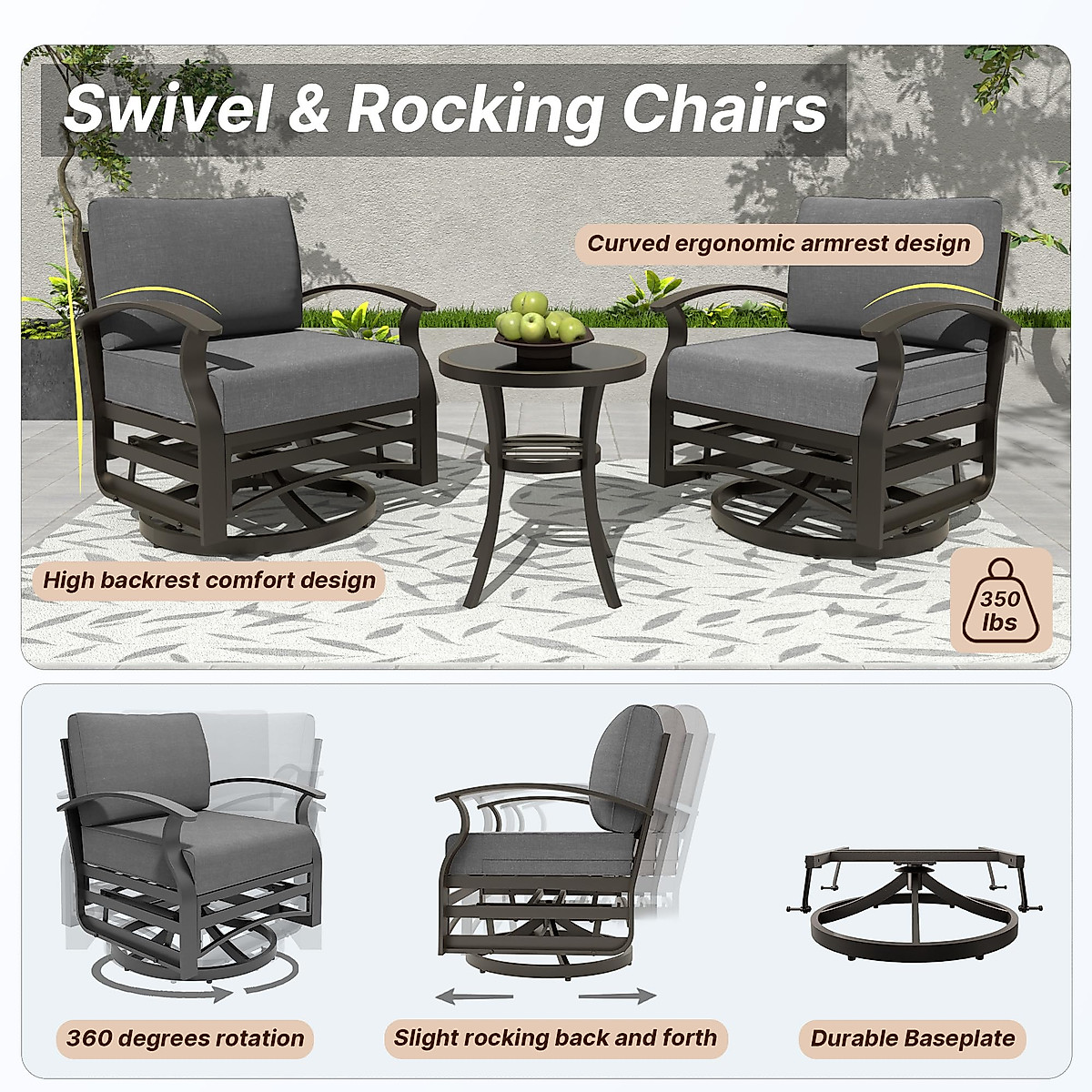 Piltwoff 8 Piece Patio Furniture Set,9-Seat Modern Metal Outdoor Conversation Sets w/45in 55000BTU Propane Fire Pit Table,Swivel Rocking Chairs Patio Sectional Sofa w/Coffee Table,Grey
