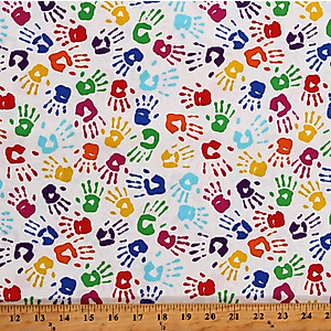 Cotton Handprints Hand Prints Rainbow Multi-Color on White Top of The Class Kids Cotton Fabric Print by The Yard (D587.72)