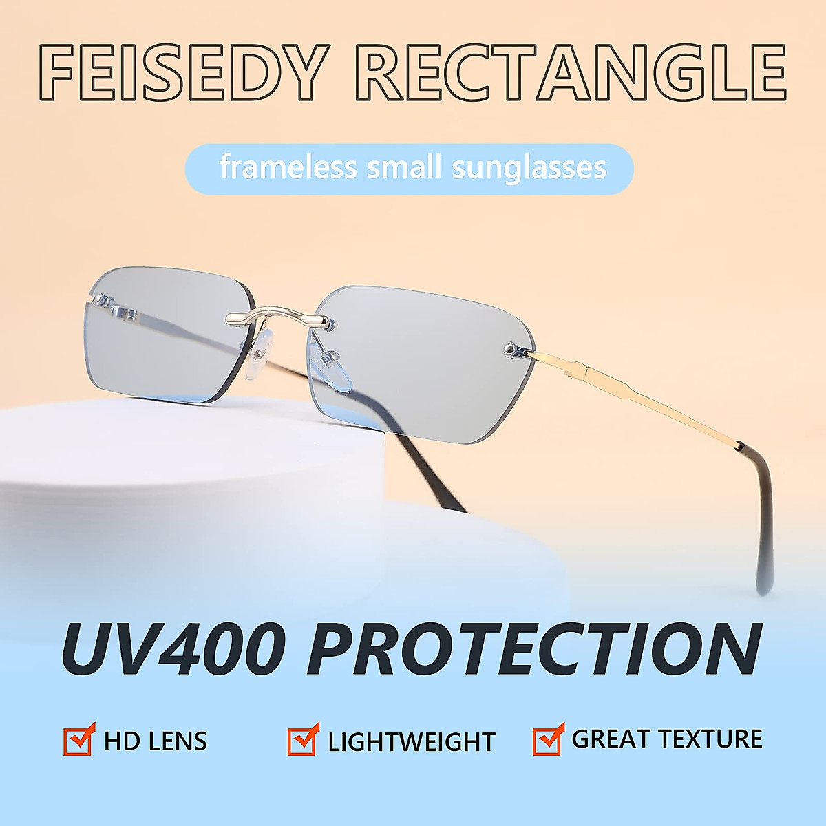 FEISEDY Rimless Sunglasses Y2K Sunglasses Retro Small Narrow Clear Eyewear Vintage Rectangle Sunglasses for Women Men B2643