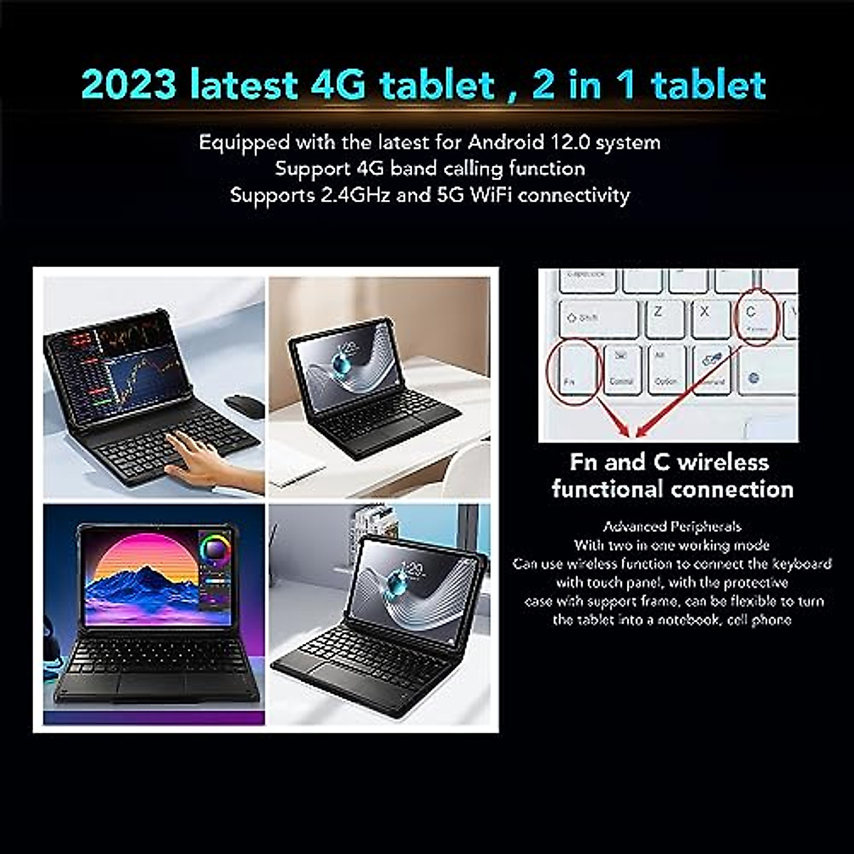 fannay Tablet PC, Octa Core Processor 4G Network GPS Front 8MP 10.1 Inch 2-in-1 Tablet 6GB RAM 128GB ROM for Work for Learning (US Plug)