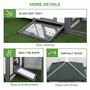 PawHut 77" Wooden Chicken Coop with Nesting Box, Cute Outdoor Hen House with Removable Tray, Ramp Run, for Garden Backyard, Gray