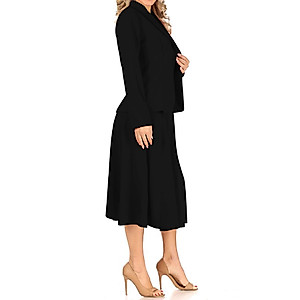 Two Piece Solid Long Sleeve Casual Blazer Relaxed A-Line Midi Skirt Black M