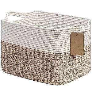 Goodpick Woven Storage Basket for Shelves, Cotton Rope Dog Toy Bin, Empty Gift Basket with Handles, Square Baskets for Storage Shelves, Brown and White Storage Bin, 13.5 x 11 x 9.5 Inches