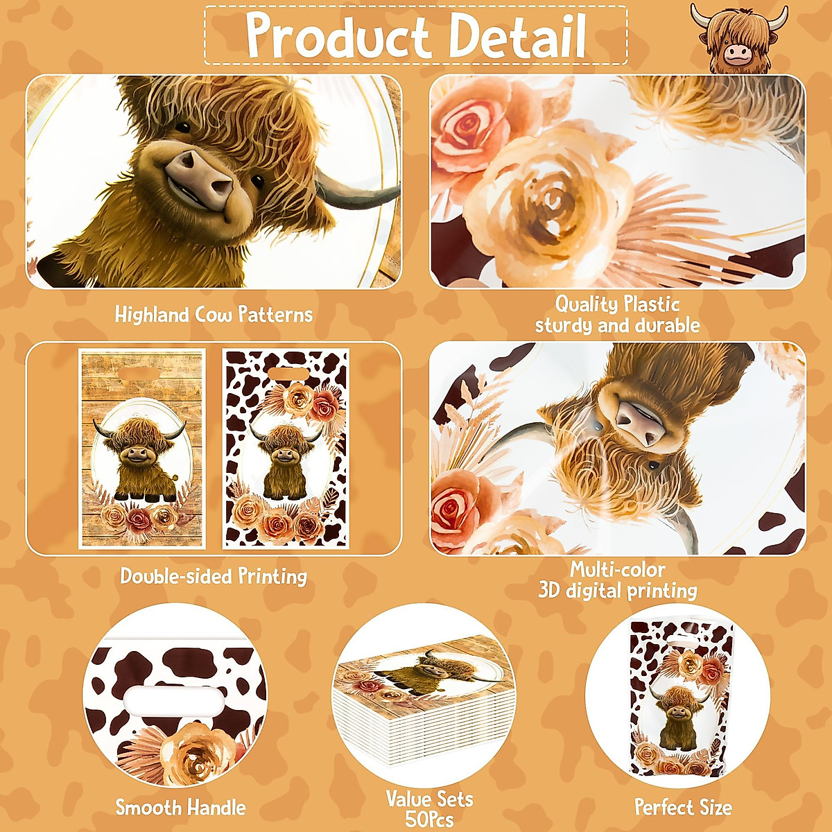 ArianQicult Highland Cow Party Favor Bags - 50Pcs Brown Cow Print Goody Candy Treat Gifts Bags, Highland Cattle Themed Party Decorations for Kids Birthday Baby Shower Animals Theme Events Supplies