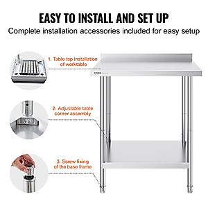 VEVOR 24 x 30 x 36 Inch Stainless Steel Work Table, Commercial Food Prep Worktable Heavy Duty Prep Worktable, Metal Work Table with Adjustable Height for Restaurant, Home and Hotel