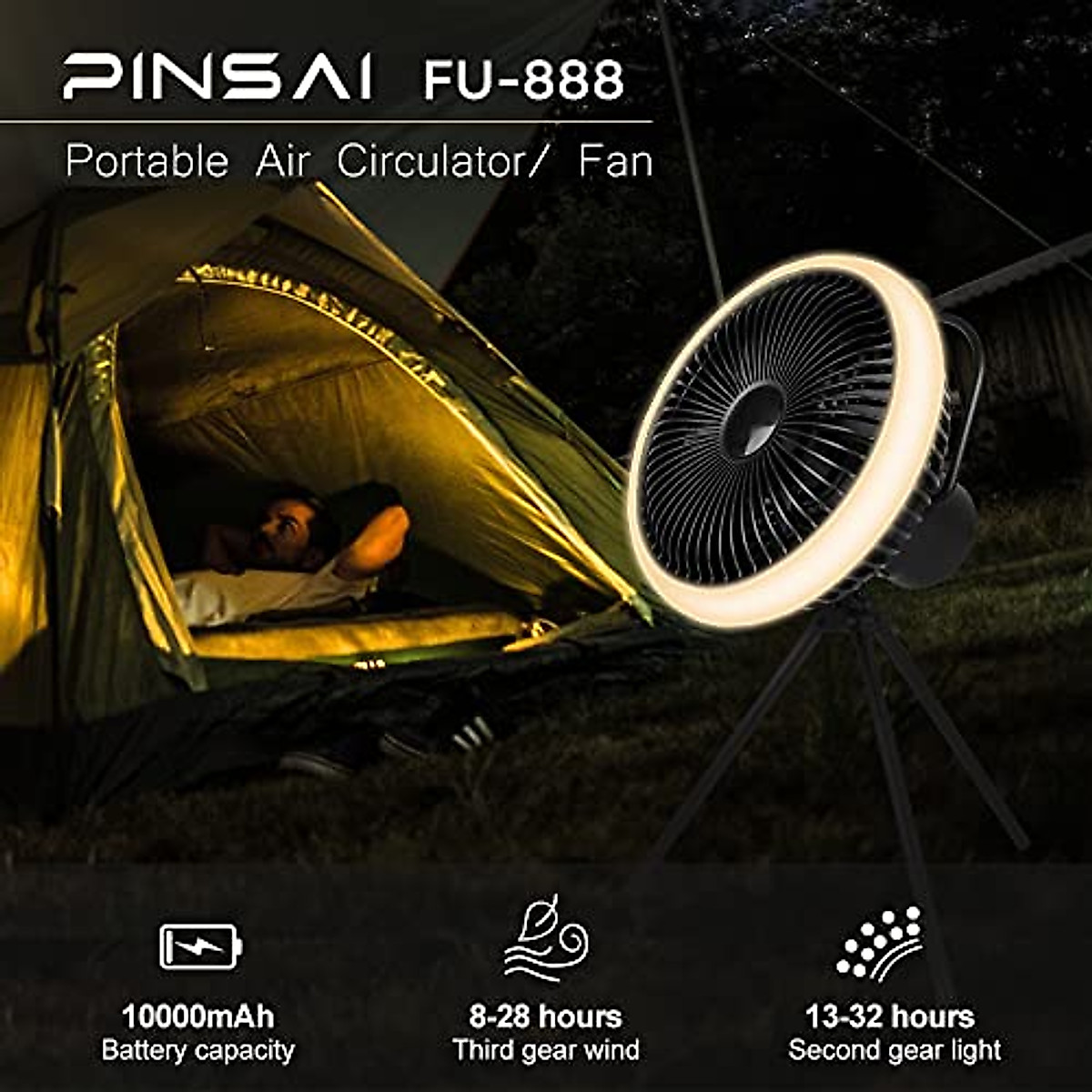 PINSAI Camping Fan, Tent Fans for camping with lights,Portable Camping Fan with LED Lantern, USB Desk Fan with Hanging Hook for Tent,Car