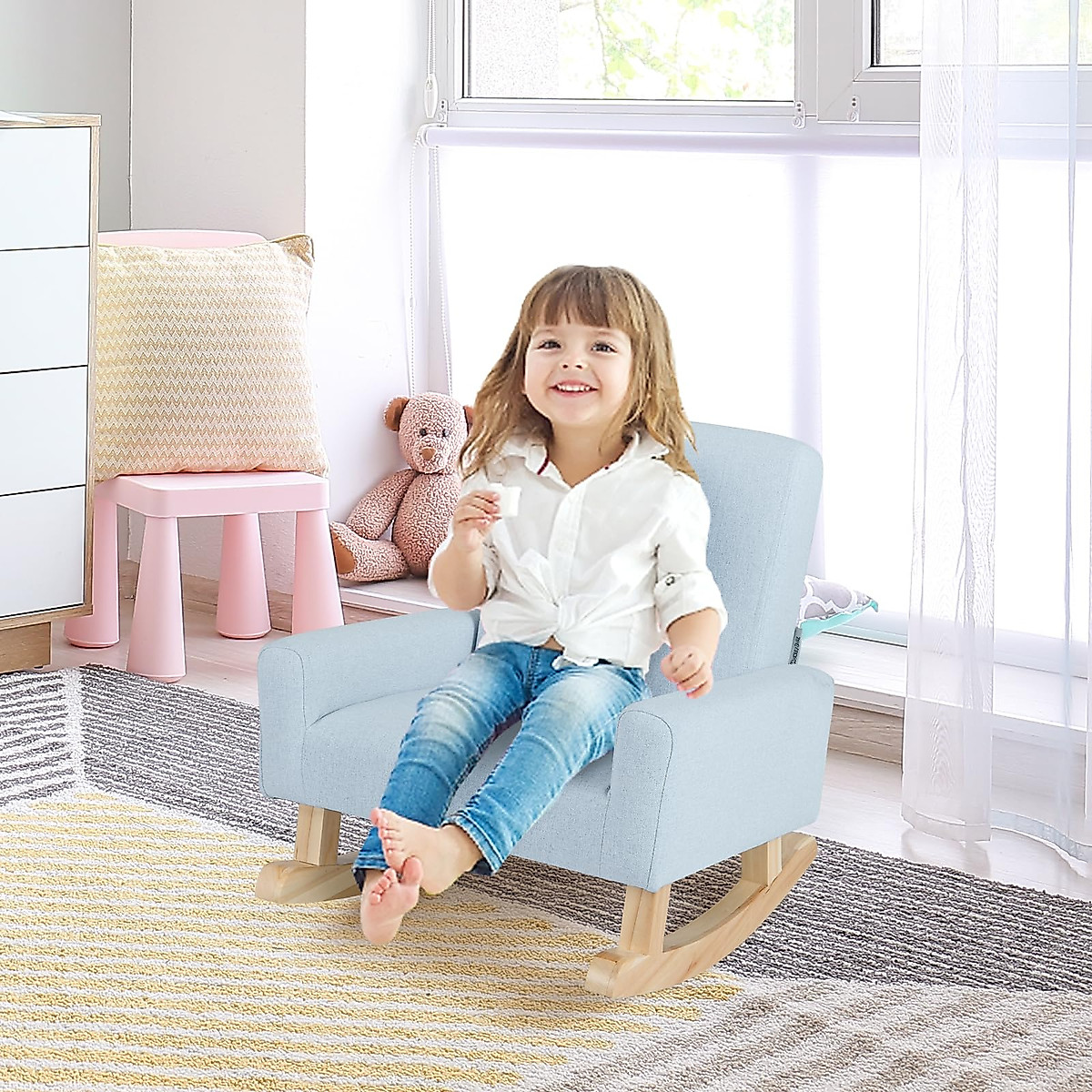 HONEY JOY Toddler Rocking Chair, Kids Rocker Chair with Solid Wood Legs & Linen Fabric, Kids Furniture Sofa w/Anti-Tipping Design, Toddler Couch for Kids Room, Playroom, Nursery, Bedroom (Blue)