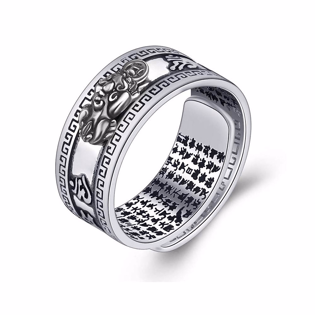 KOEDLN Vintage Pixiu Ring 990 Silver Brave Troops Mantra Protect Wealth Lucky Adjustable Ring for Women Men-Veins1 Silver