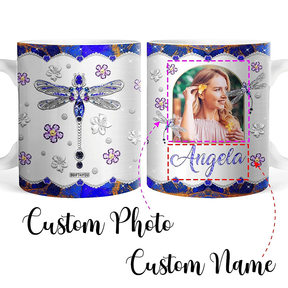 White Ceramic Coffee Mug Photo Mugs Personalized Picture Dragonfly Custom Name Birthday Gifts For Women Friends Mom Novelty Cup Table Desk Accessories Jewelry Style 11 and 15 Oz