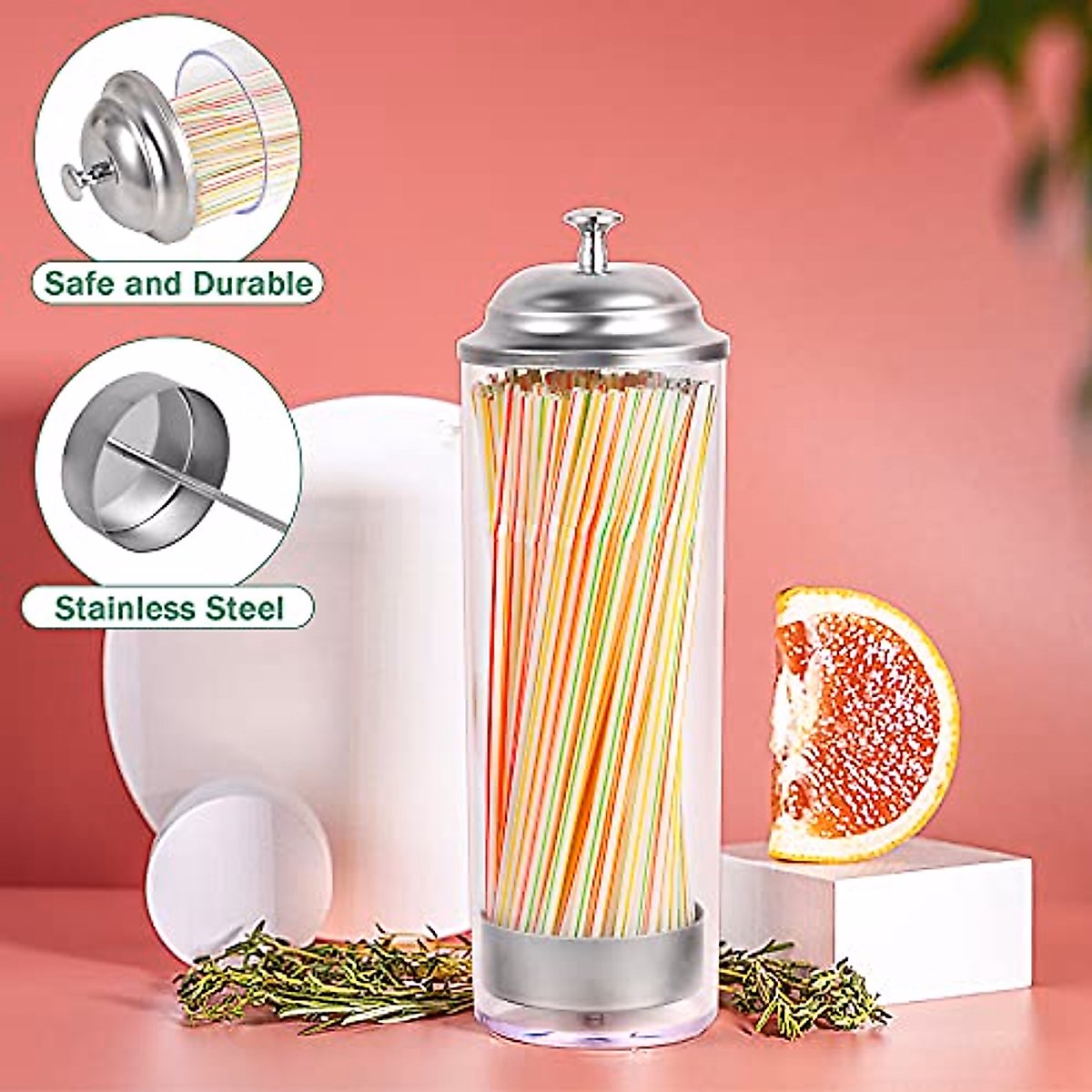 Elesunory Plastic Straw Dispenser with 100 Pcs Straws - Organize Counter
