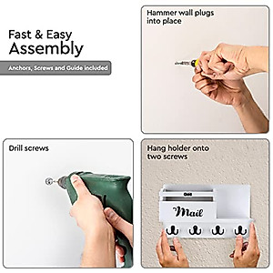 GoM1 Mail Holder Wall Mount - Mail Organizer with Hooks - Made with Pine Wood - Rustic Wood Key Holder for Home Décor-Light Gray,-15.75''W x 9.5''H x 3''D