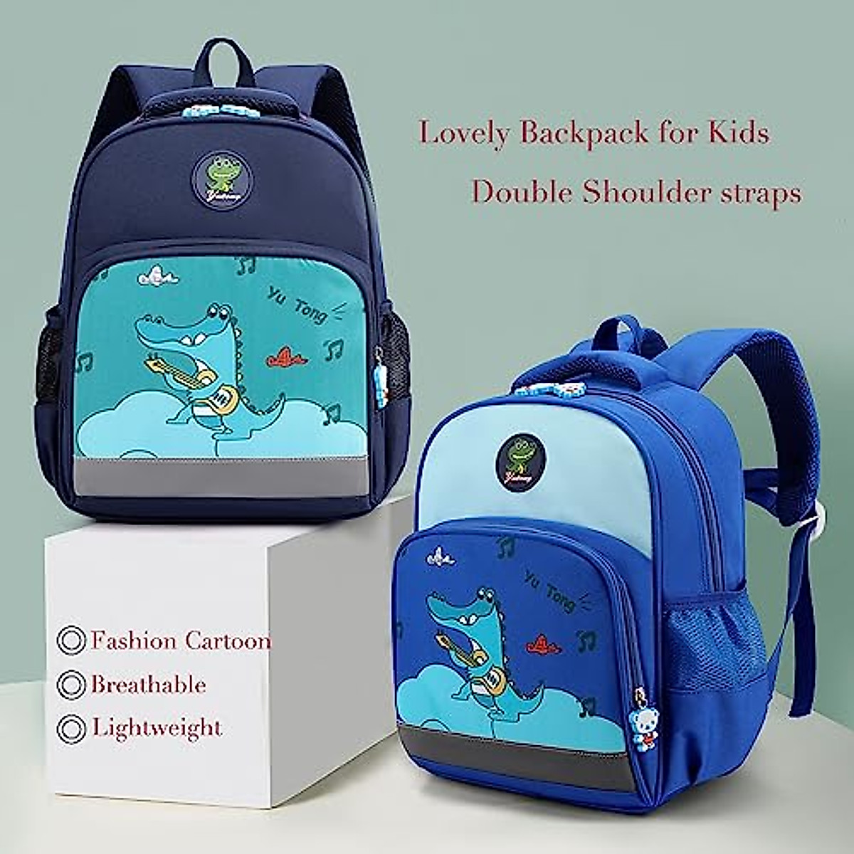 LESNIC Blue Kids Backpack, Crocodile Cartoon for Boys & Girls, Buckles in the Chest, CPC Certified, 12 inch Lightweight Breathable Cute Small Rucksack for Preschool or Kindergarten