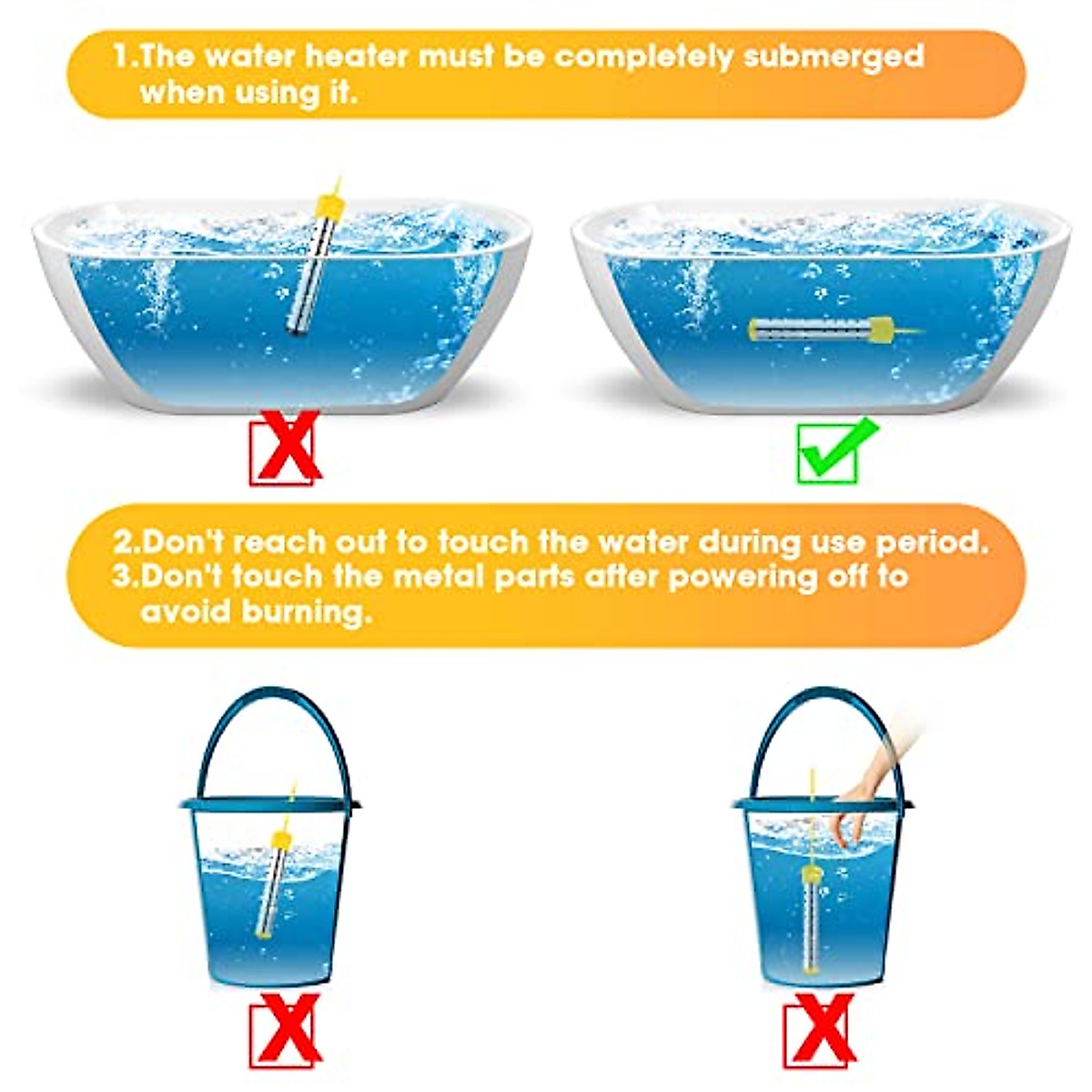 Portals Hardware Immersion Water Heater for Boiling Bath Water,Portable Electric 304 Stainless with Guard Cover -LCD Thermometer MotorhomeTub,Boiling 5 Gallon Bucket of in Minutes (Yellow)