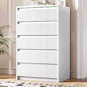 Jocoevol White Dresser 5 Drawer Dresser for Bedroom, Modern Fluted Dresser with Deep Drawers and Mirror, Wooden Dresser Chest of Drawers for Living Room, Hallway, Entryway