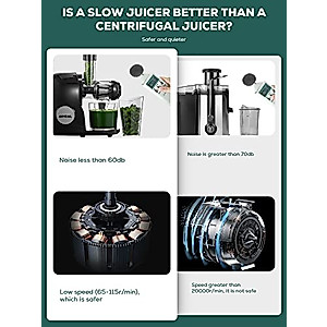Juicer Machines, Aiheal New Generation Celery Slow Masticating Juicer Extractor Easy to Clean with Brush, Cold Press Juicer with Quiet Motor & Reverse Function for Fruits & Vegetables, Recipes (Elegant Black)