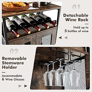 PETSITE Wine Bar Cabinet, Home Liquor Cabinet with Removable Wine Rack and Glass Holder, Coffee Bar Cabinet with Storage, Industrial Sideboard Buffet Cabinet with Mesh Doors for Kitchen