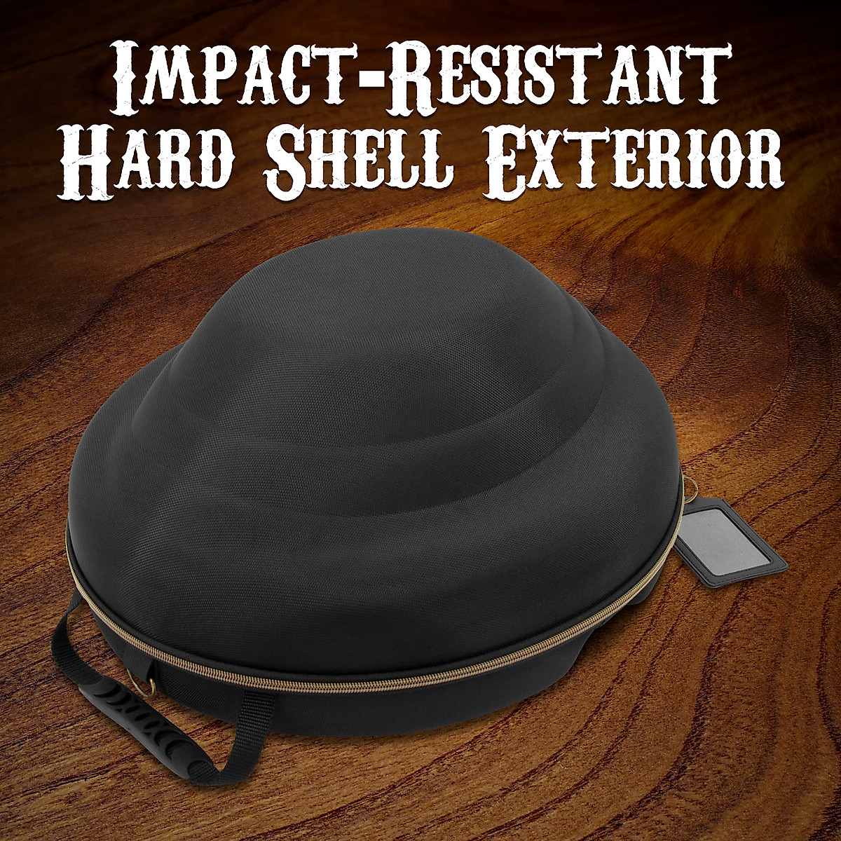 CASEMATIX Cowboy Hat Box and Portable Cowboy Hat Storage for Brims Up To 4.75" - Hard Shell Cowboy Hat Case with Carry Strap, ID Slot and Foam Insert for Dipping Brims