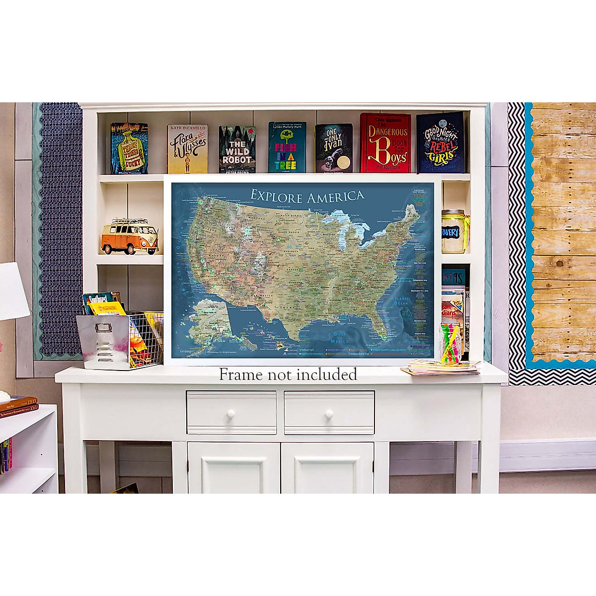 National Parks Poster Map with terrain and USA Interstates, All NPS Sites, Landmarks, Highest Peak by State Poster - 24x18 inch Map - Explore America - Voyager Edition