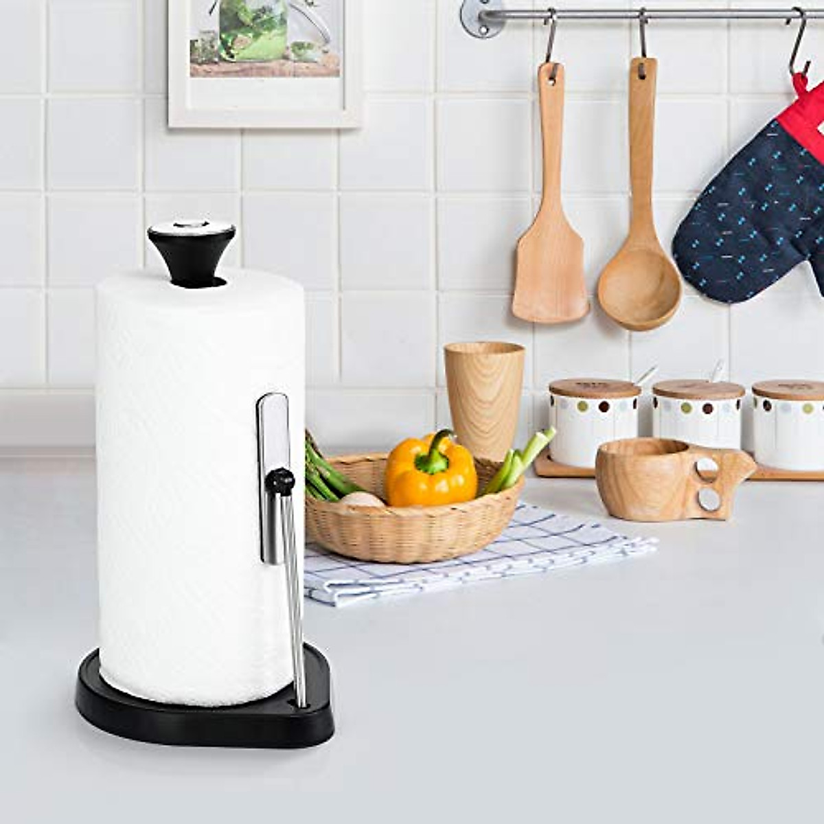 Single Tear Paper Towel Holder Countertop, Hystun Standing Paper Towel Holder Stainless Steel Tension Arm Paper Towel Holder Easy to Tear Paper Roll Dispenser Stand for Kitchen Countertop & Bathroom