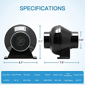 iPower 4 Inch 230 CFM Inline Ventilation Fan Quiet Vent Blower with 8 Feet Non-Insulated Flex Aluminum Ducting for Grow Tent Air Circulation, 2 Clamps Included