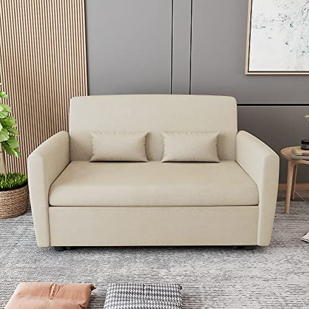 MIYZEAL 55'' Convertible Sleeper Sofa Bed, Velvet Loveseat Sofa with Pull-Out Bed, 2 Seater Couch Bed with Adjustable Backrest, Pull Out Lounge Chaise with 2 Pillows Office (Beige)