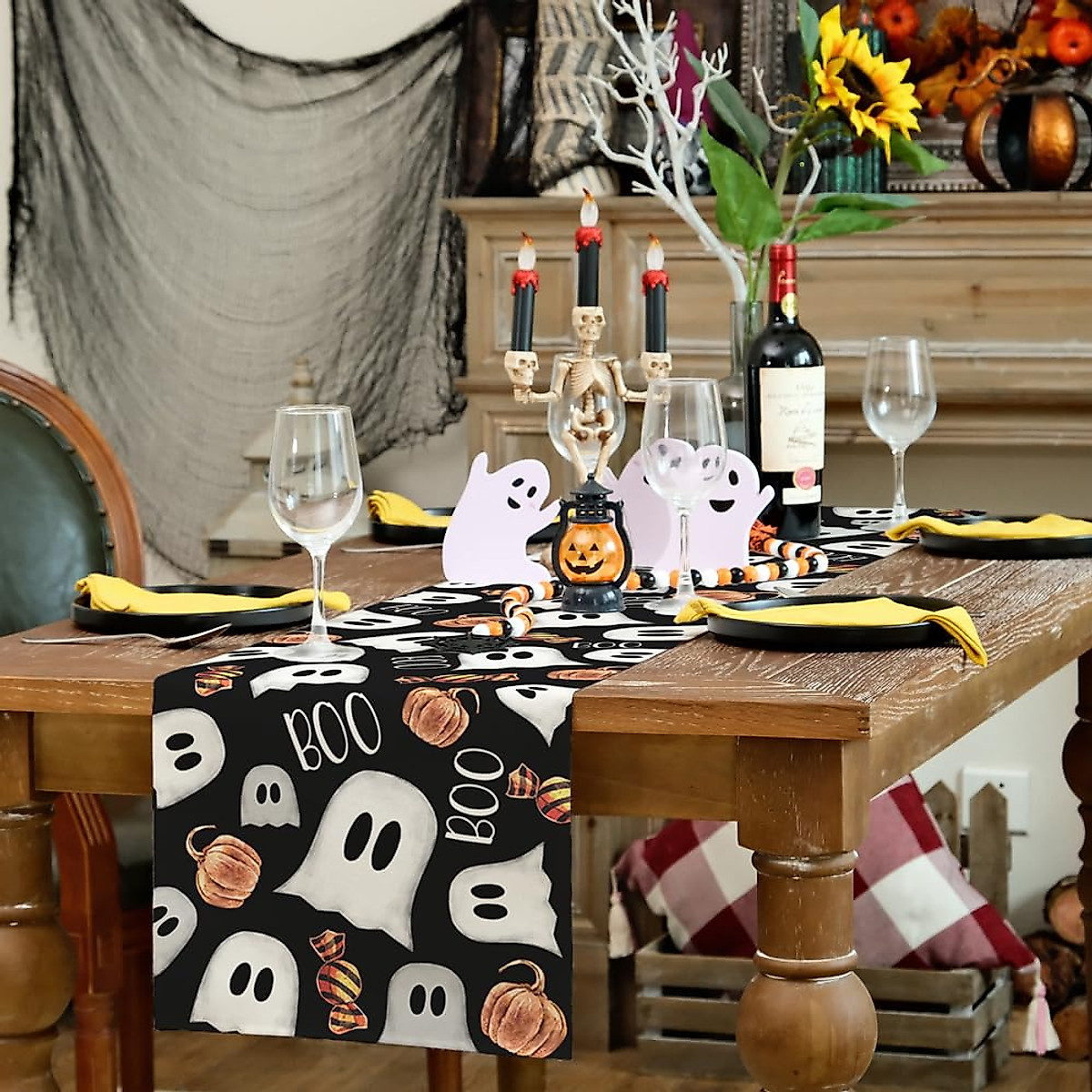 ARKENY Halloween Table Runner 13x72 Inches,Pumpkin Spooky Ghost Candy Boo,Seasonal Burlap Farmhouse Indoor Kitchen Dining Table Decorations for Home Party AT455-72