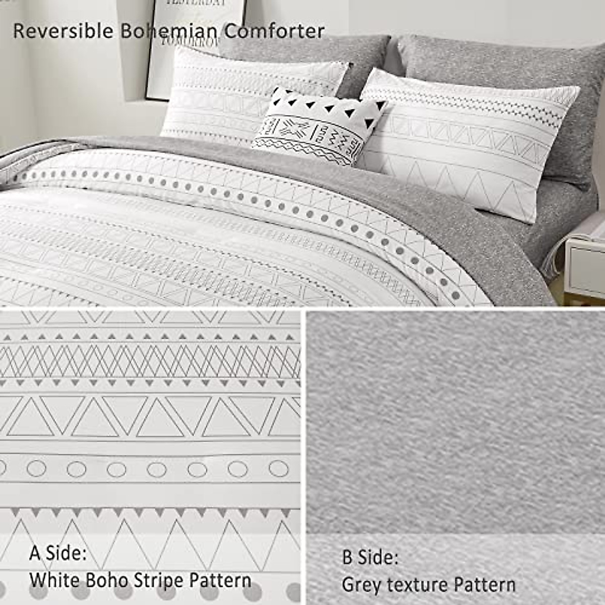 Boho Comforter Set King,7 Pieces Bed in a Bag White Grey Comforter Geometric Bohemian Bedding Set with Pillowcases Soft Microfiber Comforter and Sheet Set King Size
