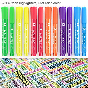 ARTEZA Highlighters Assorted Colors, Set of 60, Wide & Narrow Chisel Tip Pens