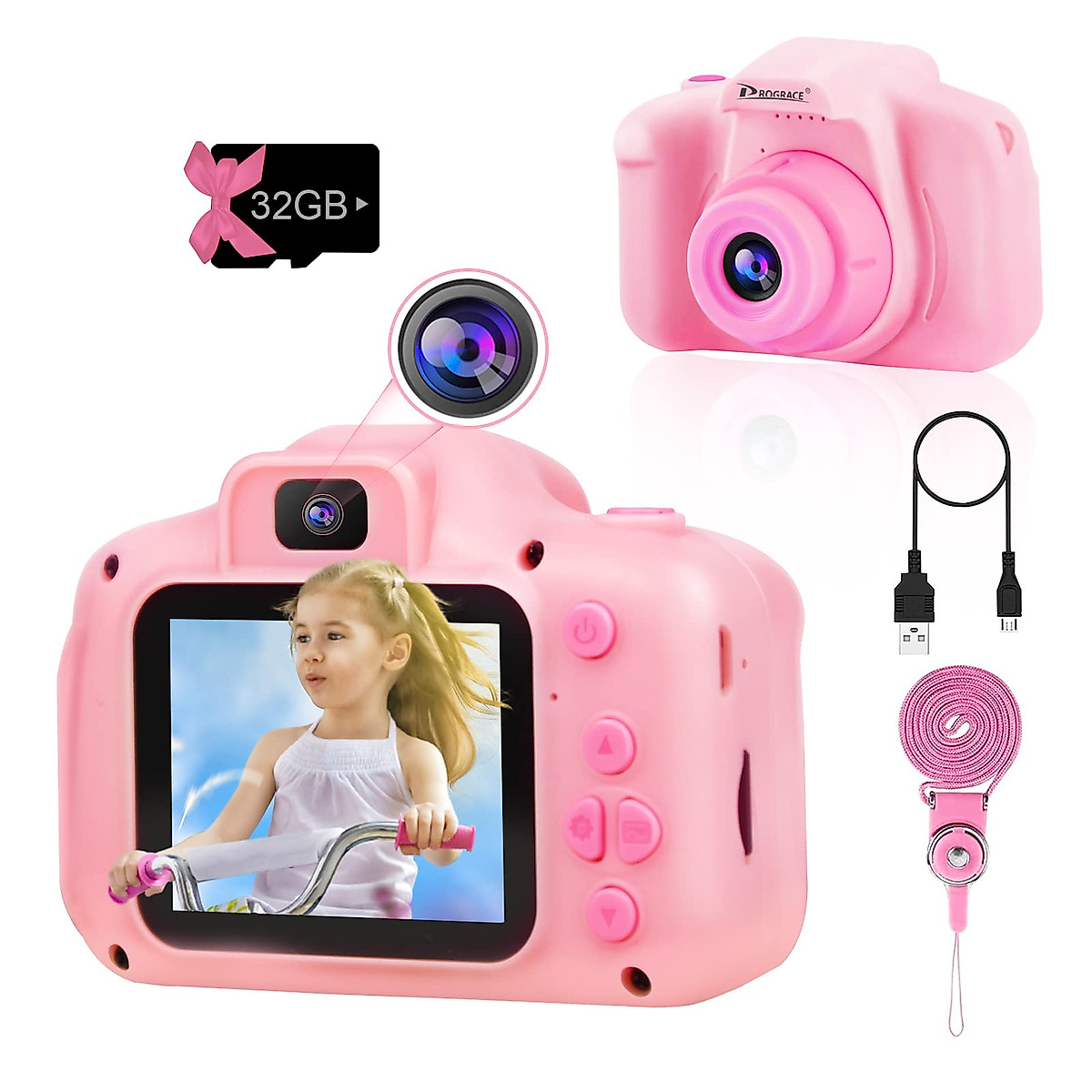 PROGRACE Kids Camera Girls Gift - Camera for Kids Dual Selfie Children Camera Age 3 4 5 6 7 8 9 Year Old Kids Digital Camera Toys for Kids Birthday Gift for Girls Kids Video Camera Pink