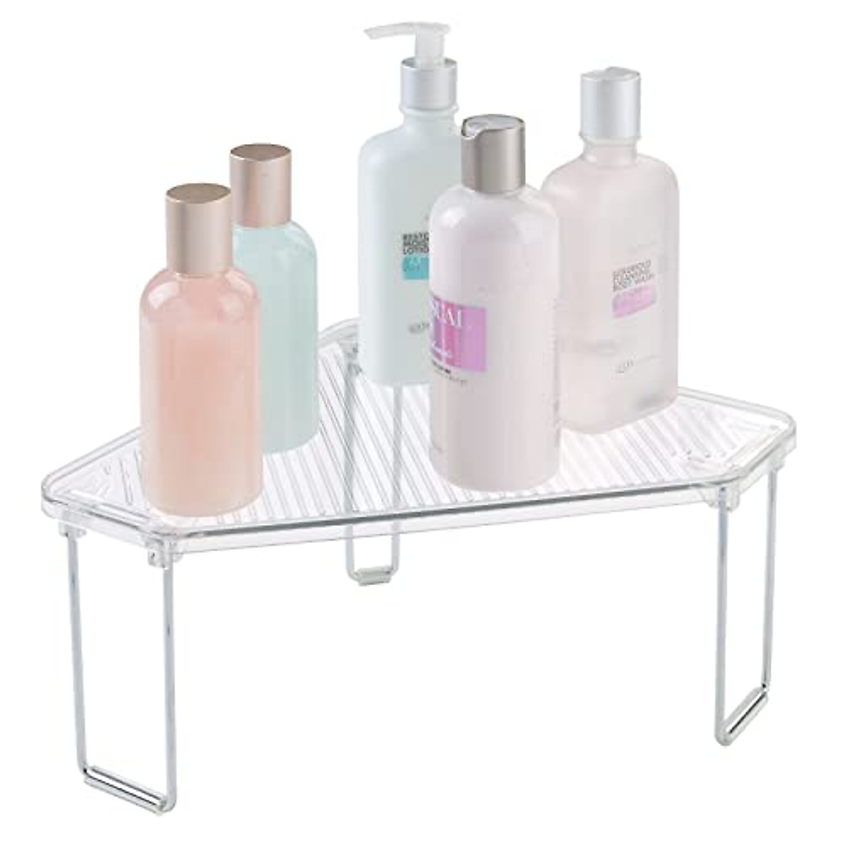 mDesign Plastic/Steel Corner Stackable Rack, Storage Organizer Shelf for Bathroom, Vanity, Countertop, Sink, Cabinet, Holds Makeup, Shower Accessories, Ligne Collection - 4 Pack - Clear