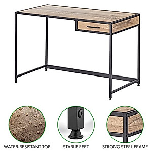 mDesign Metal & Wood Sturdy Home Office Desk with Righthand Drawer - Computer Desk, Home Office Writing, Small Desk, Modern Simple Style PC Table - Black Metal Frame/Gray Wash Wood Top