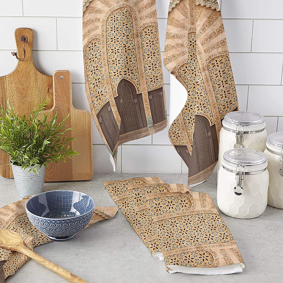 Kitchen Dish Towels 1 Pack -Super Absorbent Soft Microfiber, Mid Century Retro Aged Gate Geometric Pattern Stone Pillar Cleaning Dishcloth Hand Towels Tea Towels for Kitchen Bathroom Bar