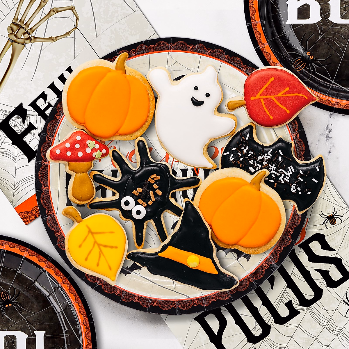 ECOHOLA Wicked Webs Halloween Dinnerware Party Supplies, 9.2" Paper Dinner Plates, 7" Paper Dessert Plates, 6.5" Napkins, Bats Spiders Skeleton Hand Hocus Pocus Halloween Decoration Set Serves 50