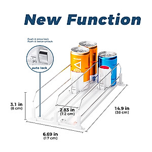 Puricon Drink Organizer for Fridge Pusher Glide, Spring Loaded Fridge Drink Dispenser, Self Pushing Soda Can Organizer for Refrigerator, Beer Bottle Beverage Organizer Drink Holder -2 Rows, White