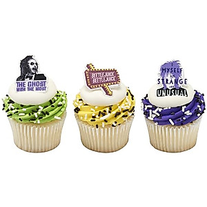 DecoPac Beetlejuice Rings, Cupcake Decorations Featuring Beetlejuice & Lydia, Cupcake Toppers For Cakes, Cupcakes, Treats - 24 Pack