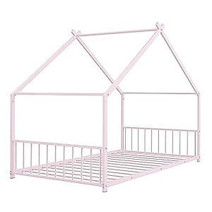 SIYSNKSI Twin Size House Bed, Metal Floor Bed Frame with Roof and Sturdy Slat Support, Platform Bed for Kids Teens Girls Boys Bedroom Furniture, No Box Spring Needed (Pink+ Metal-C35)
