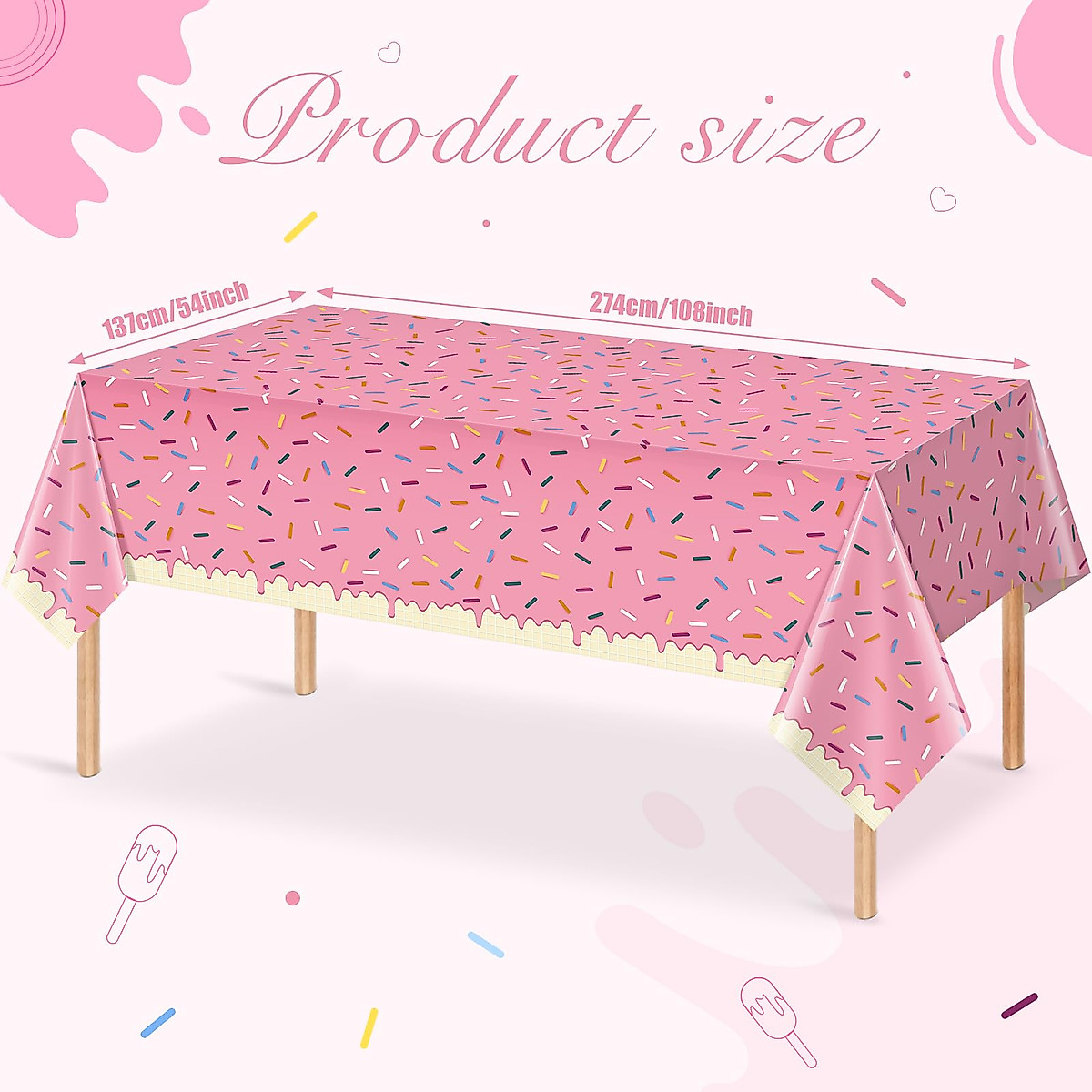 3Pcs Sprinkle Donut Tablecloth, Pink Ice Cream Table Cloth Disposable Plastic Rectangle Table Covers for Baby Girl Sweet One Birthday Donut Grow Up Donut Themed Party Decorations, 54 X 108 Inch