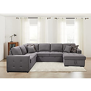 U-Shaped Oversized Polyester Sectional Sofa with Pull Out Sleeper Couch Bed & Storage Chaise Lounge, King Functional Sofá w/ 4 Pillows for Large Flat Mansion Villa Living Room Furniture Sets, Grey